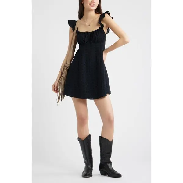 Bp. Eyelet Embroidery Flutter Sleeve Minidress - Black