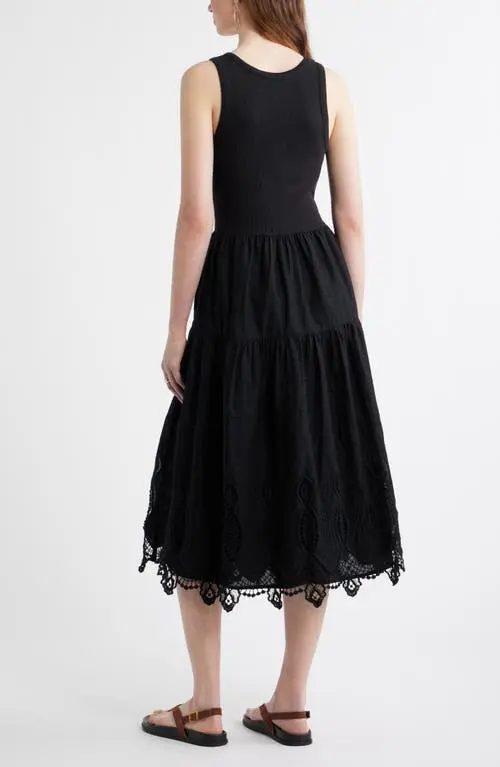Treasure & Bond Embroidered Mixed Media Henley Tank Dress - Black