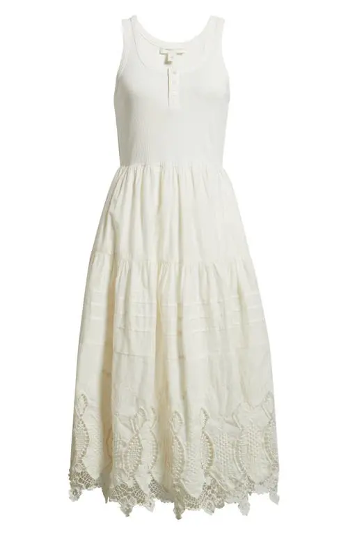 Treasure & Bond Embroidered Mixed Media Henley Tank Dress - Ivory Egret