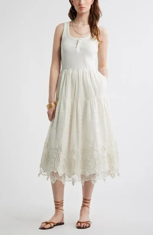 Treasure & Bond Embroidered Mixed Media Henley Tank Dress - Ivory Egret
