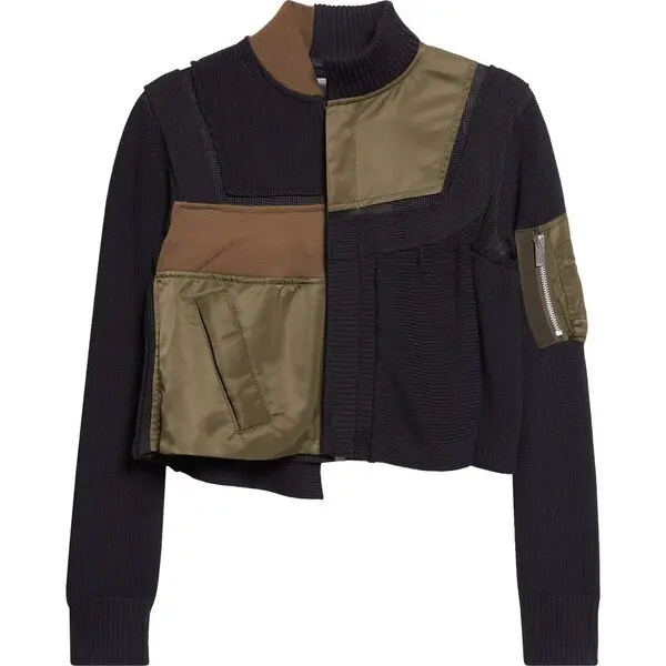 Sacai Patchwork Mixed Media Crop Jacket - Dark Khaki/navy