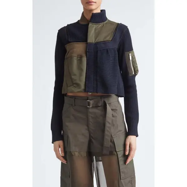 Sacai Patchwork Mixed Media Crop Jacket - Dark Khaki/navy