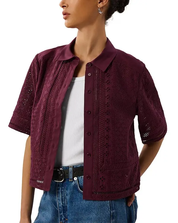 Whistles Broderie Cotton Shirt - Plum