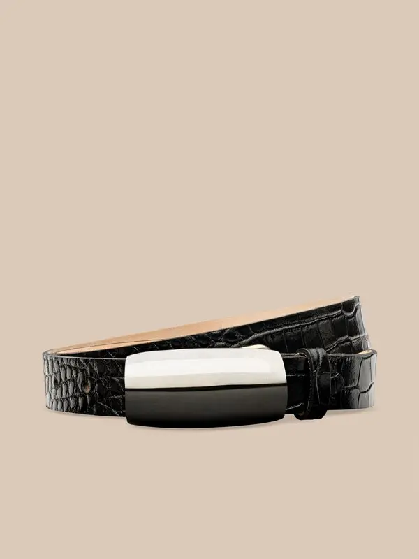 L'Agence Marlowe Leather Belt - Black Croco