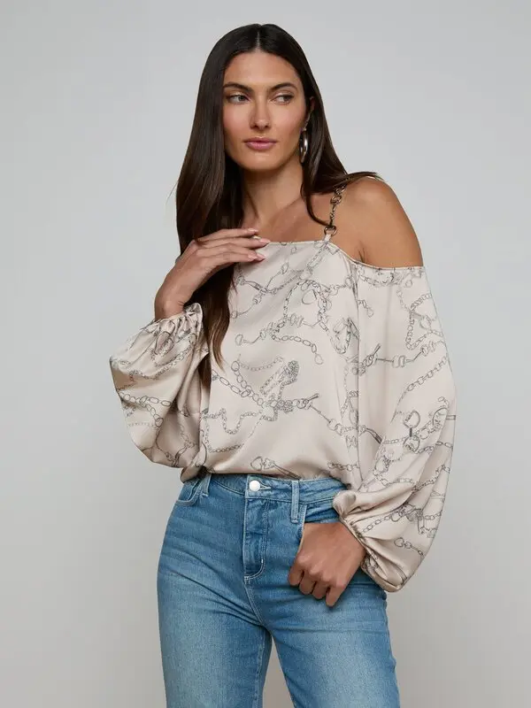 L'Agence Asami Chain One-shoulder Blouse Top - Soft Macadamia Multi Small Horsebit Chain