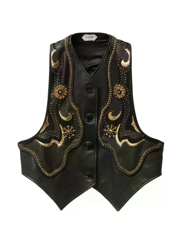 Versace Beaded Embellished Leather Waistcoat - Black