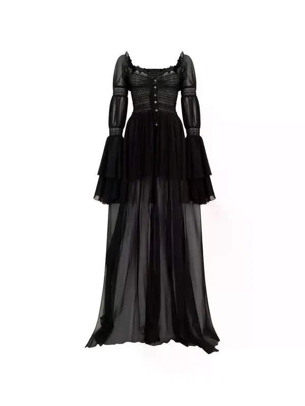 Blumarine Gothic-style Long-sleeve Maxi Silk Dress - Black