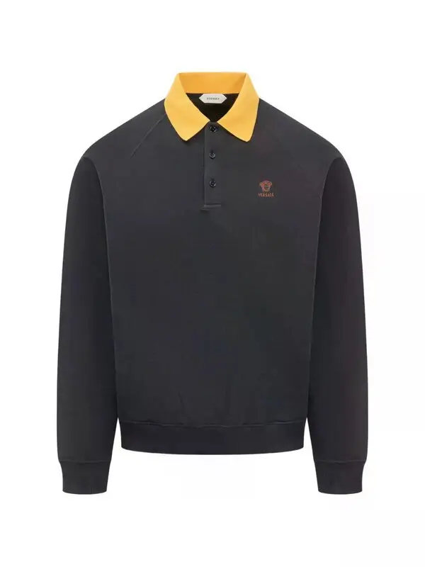Versace Logo-embroidered Polo-collar Sweatshirt - Black
