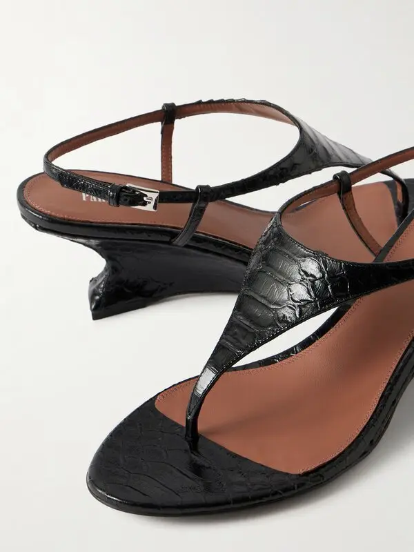 Paris Texas Nina Snake-effect Leather Thong Wedge Sandals - Black