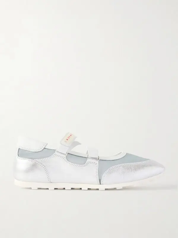Marni Metallic Leather-trimmed Mesh Sneakers - Silver