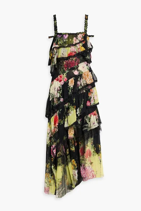 Camilla Crystalembellished Tiered Floralprint Silkgeorgette Maxi Dress - Black