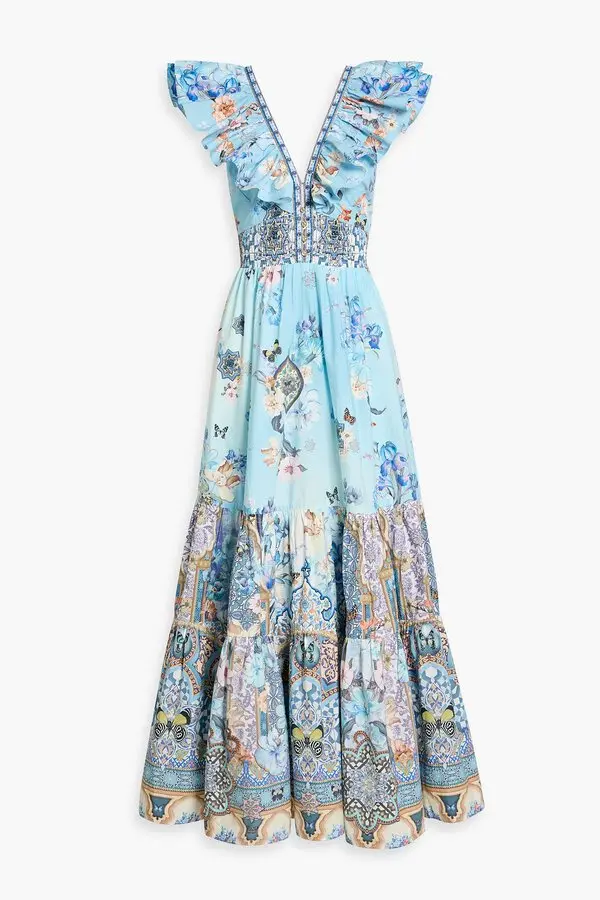 Camilla Printed Cotton-poplin Maxi Dress With Cutout And Crystal Embellishments - Light Blue