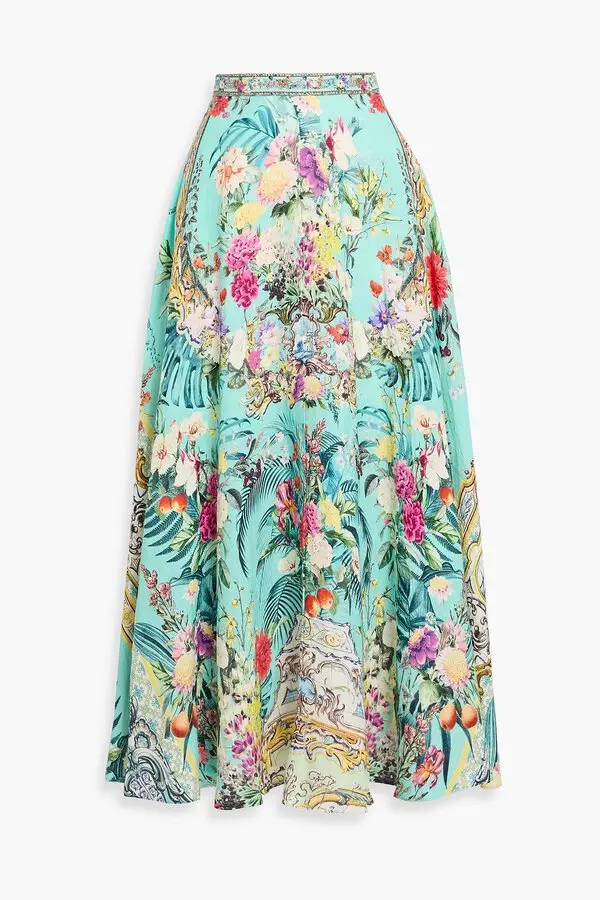 Camilla Crystalembellished Printed Linen Maxi Skirt - Turquoise