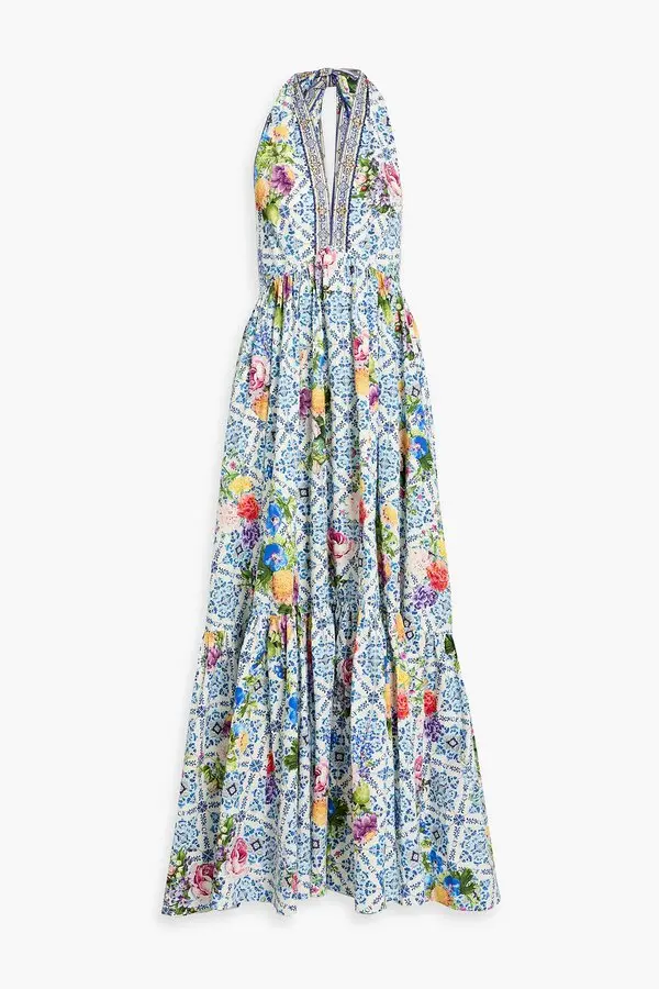 Camilla Crystal-embellished Printed Cotton-poplin Halterneck Maxi Dress - Blue