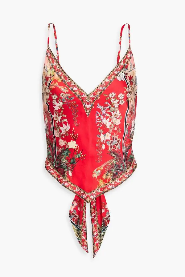 Camilla Cropped Crystal-embellished Printed Silk-satin Top - Red