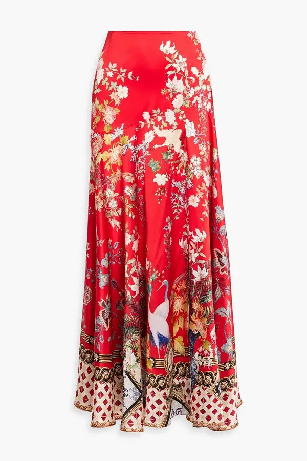 Camilla Printed Silksatin Maxi Skirt - Red