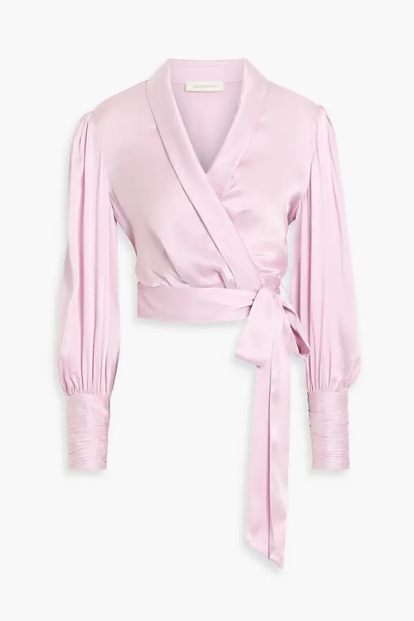 Zimmermann Cropped Silk-satin Wrap Blouse - Baby Pink