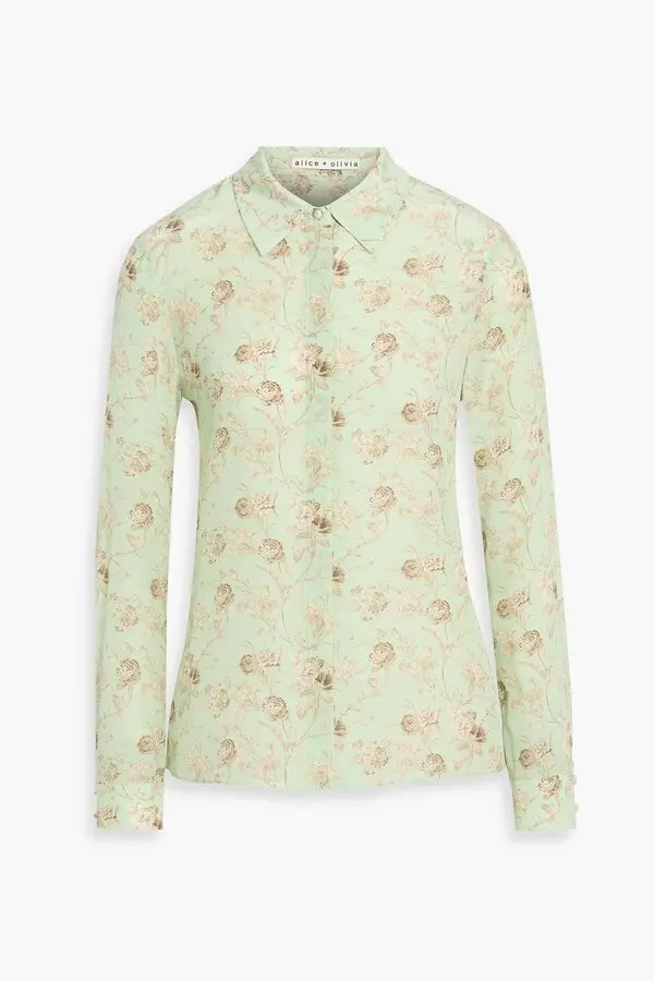 Alice + Olivia Floral Silk-crepe Shirt - Light Green