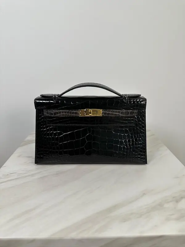 Hermès Kelly Hss /graphite Shiny Alligator Gold Hardware - Black