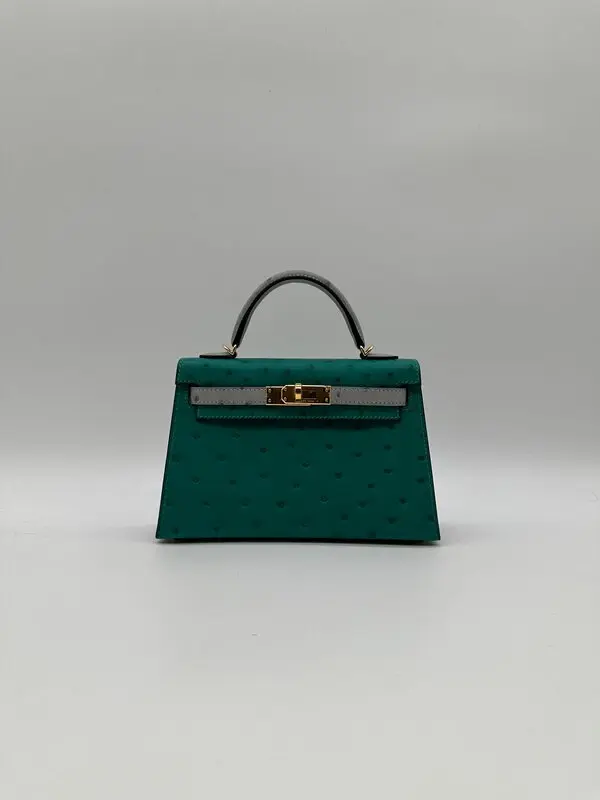 Hermès Mini Kelly Hss Vert Vertigo/ Gris Meyer Ostrich With Gold Hardware