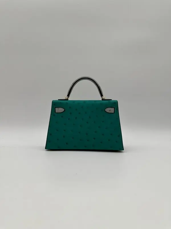 Hermès Mini Kelly Hss Vert Vertigo/ Gris Meyer Ostrich With Gold Hardware
