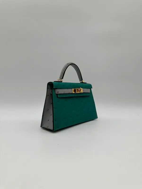 Hermès Mini Kelly Hss Vert Vertigo/ Gris Meyer Ostrich With Gold Hardware