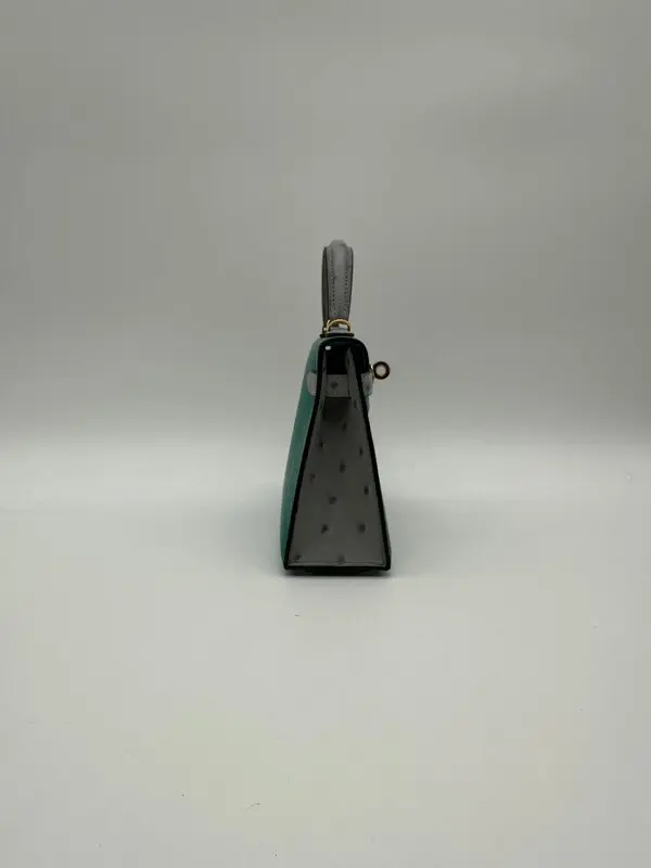 Hermès Mini Kelly Hss Vert Vertigo/ Gris Meyer Ostrich With Gold Hardware