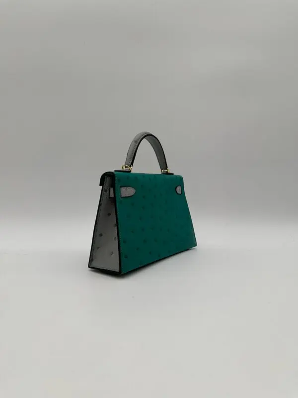 Hermès Mini Kelly Hss Vert Vertigo/ Gris Meyer Ostrich With Gold Hardware