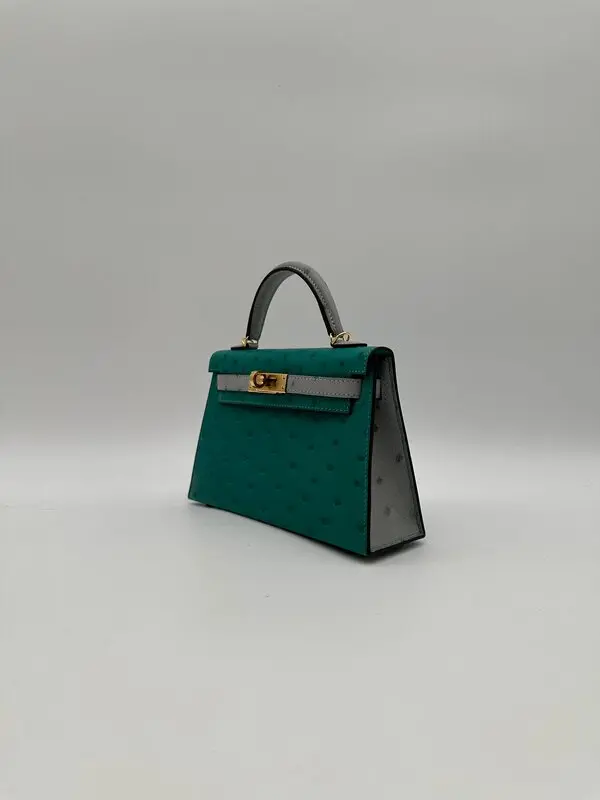 Hermès Mini Kelly Hss Vert Vertigo/ Gris Meyer Ostrich With Gold Hardware