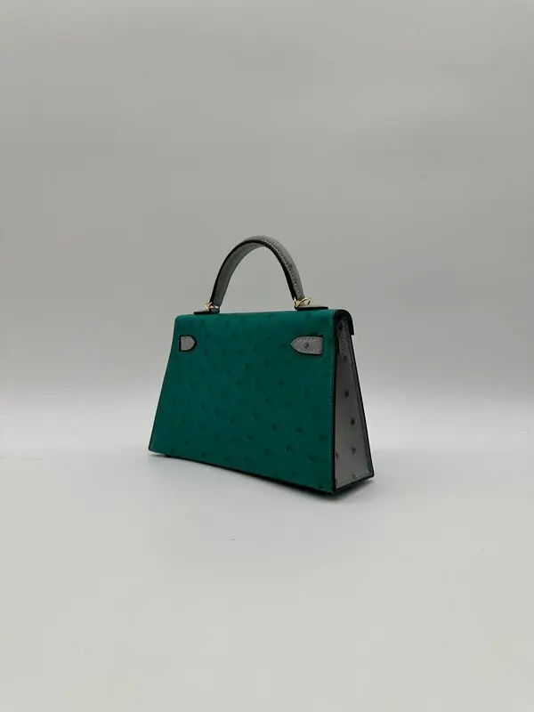 Hermès Mini Kelly Hss Vert Vertigo/ Gris Meyer Ostrich With Gold Hardware