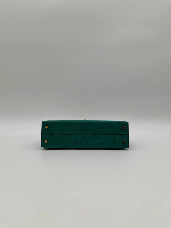 Hermès Mini Kelly Hss Vert Vertigo/ Gris Meyer Ostrich With Gold Hardware