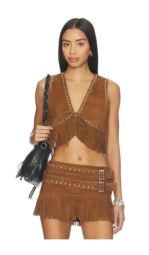 LAMARQUE Reina Fringed Suede Vest - Distressed Cognac