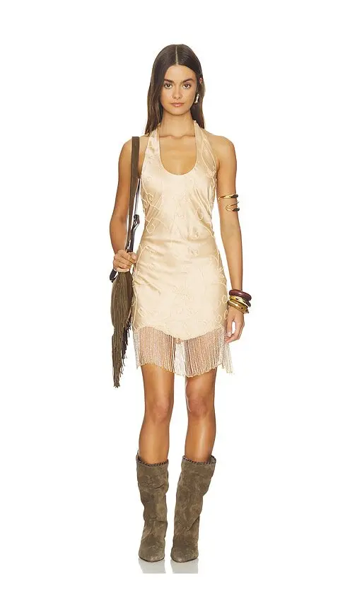 STONE COLD FOX X Kovi Beaded Mini Dress In Metallic Gold - Champagne