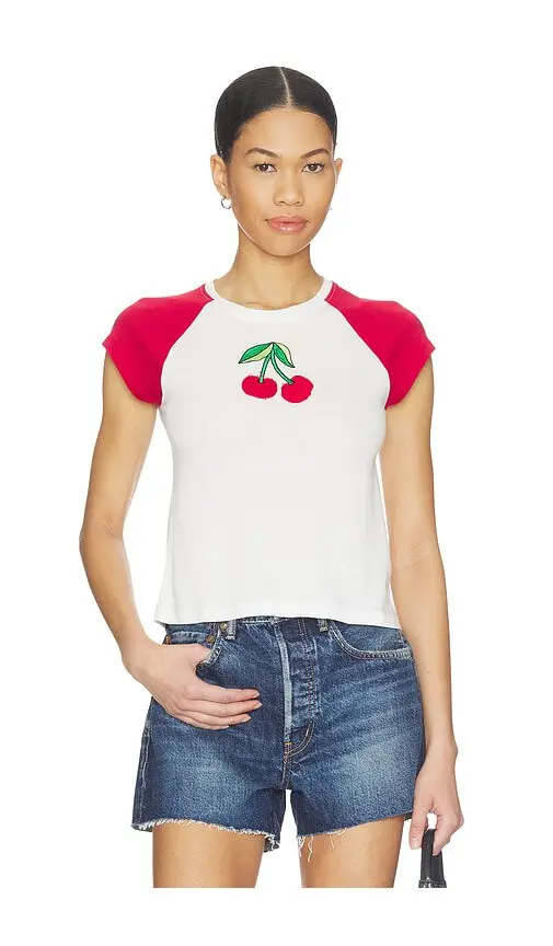 THE LAUNDRY ROOM Cherries Embroidery Raglan Baby Tee - Bone & Cherry