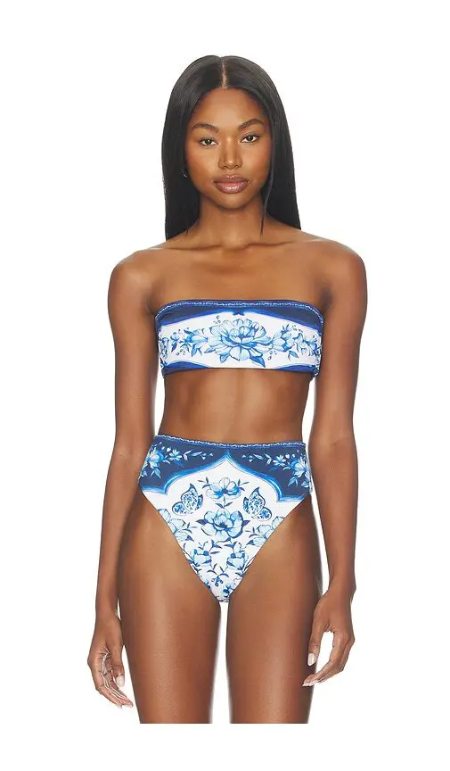 Farm Rio Porcelain Garden Bandeau Bikini Top - Blue