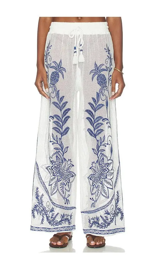 Farm Rio Wide Leg Pants - Nina Embroidery Off-white