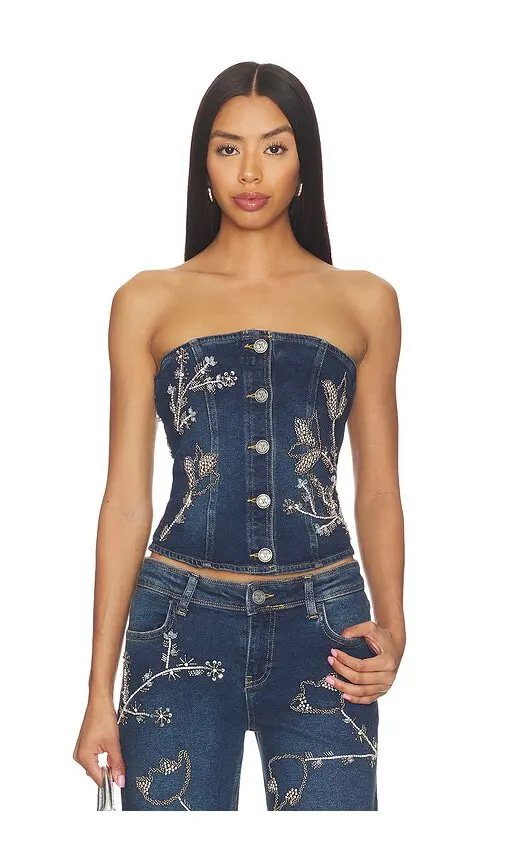 OW Nova Embellished Denim Top - Dark Wash Denim