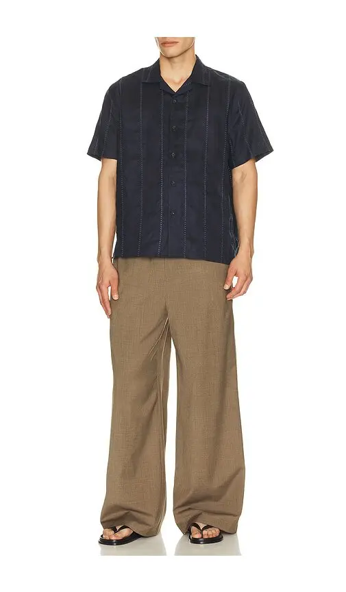Vince Linen Eyelet Stripe Short Sleeve Cabana Shirt In Blue