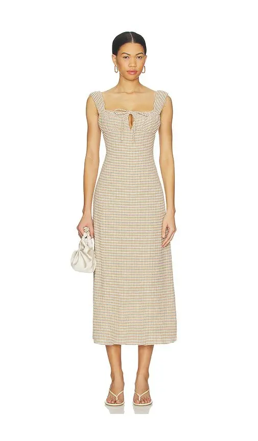 STONE COLD FOX X Leni Midi Dress In Taupe,cream - Taupe Gingham