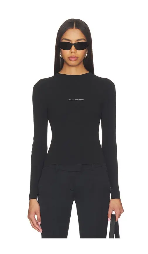 Alexander Wang Long Sleeve Crewneck Top With Jacquard Logo - Black