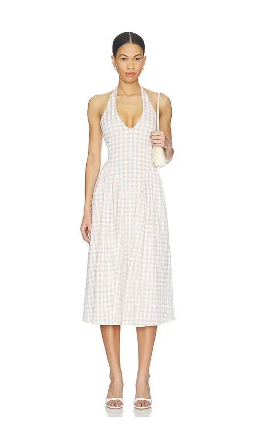 MORE TO COME Lottie Halter Maxi Dress - Nude Gingham