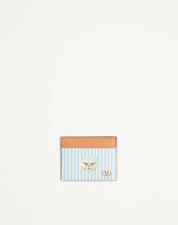 Valentino Garavani Vlogo Signature Wallet In Grainy Calfskin With Le Chat De La Maison Print - Azure/ivory