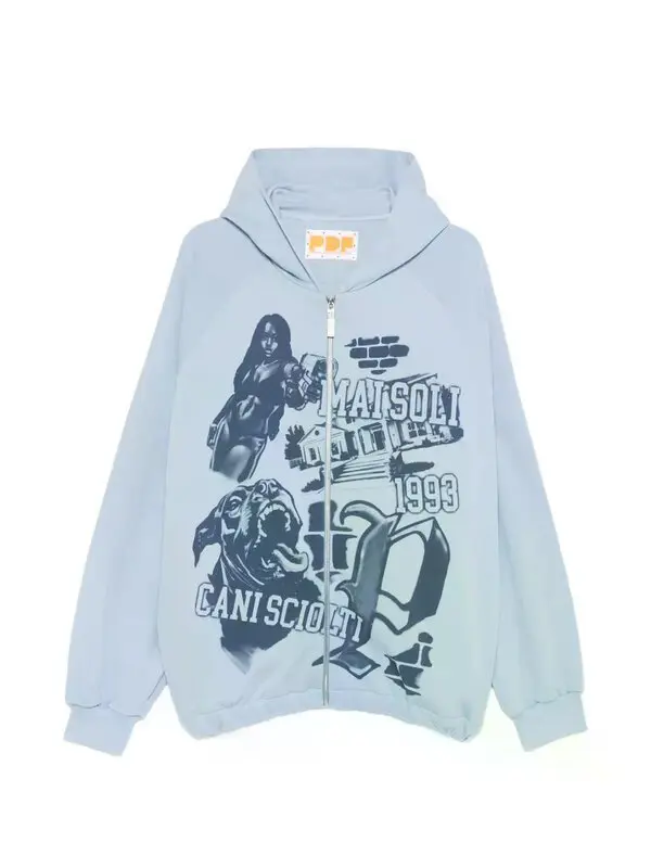 PDF Graphic Print Zip-up Hoodie - Blue