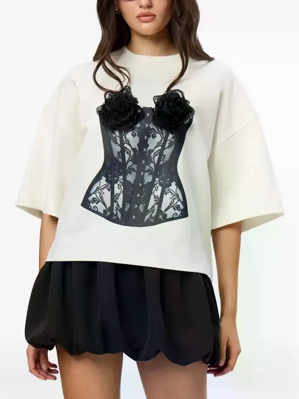 HAMZA Lace Corset Applique T-shirt - White