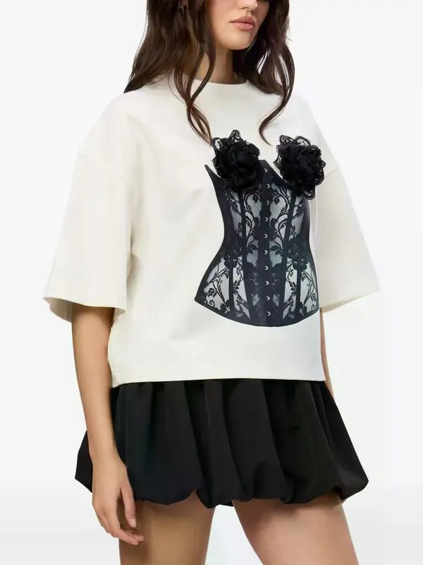 HAMZA Lace Corset Applique T-shirt - White