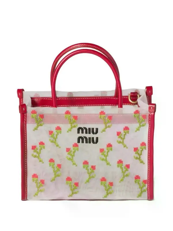 Miu Miu Embroidered Mesh Top-handle Bag - White