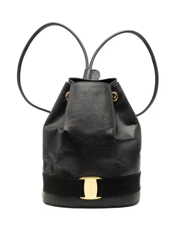FERRAGAMO Lizard Embossed Leather Vara Bow Drawstring Backpack - Black