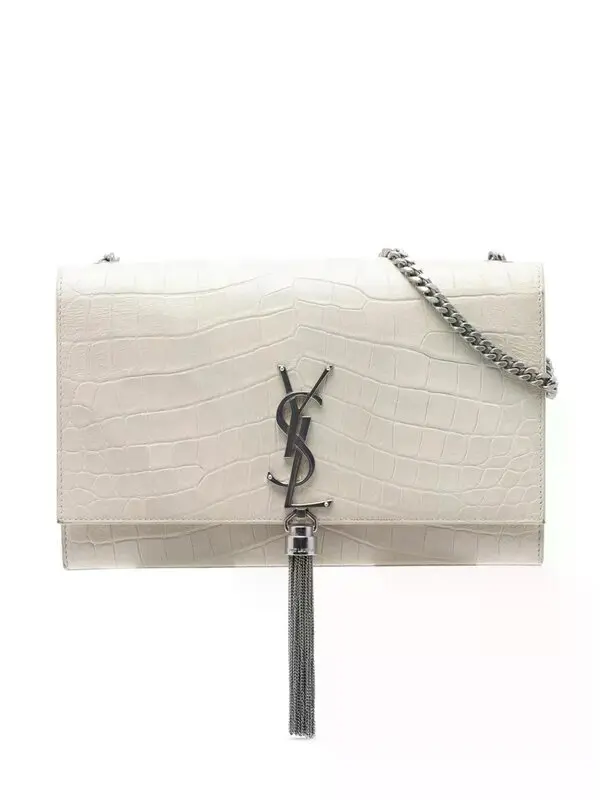 Saint Laurent 2013-2025 Medium Croc Embossed Leather Monogram Kate Tassel Crossbody Bag - White