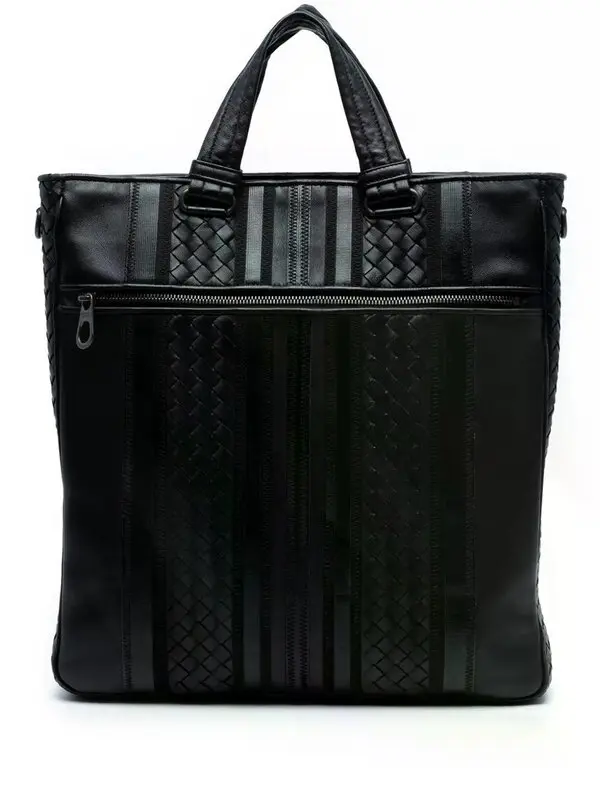 Bottega Veneta Nappa Intrecciato Tech Stripe Convertible Tote Satchel - Black