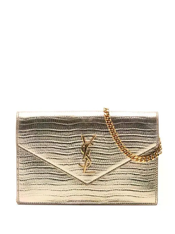 Saint Laurent 2016 Lizard Embossed Metallic Calfskin Monogram Envelope Chain Wallet Crossbody Bag - Gold